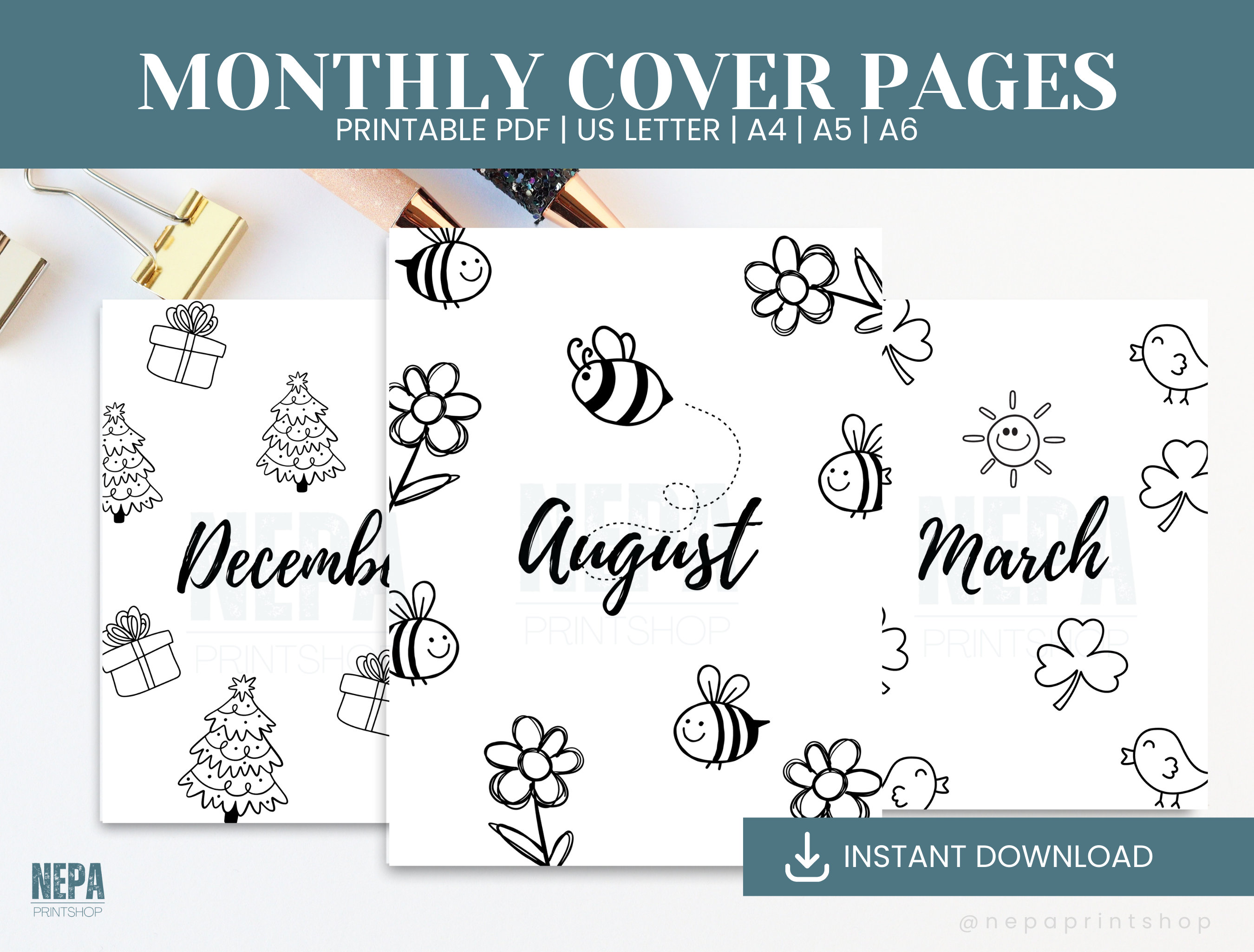 Printable 12 Monthly Cover Pages, Bullet Journal Covers, Journal Page ...