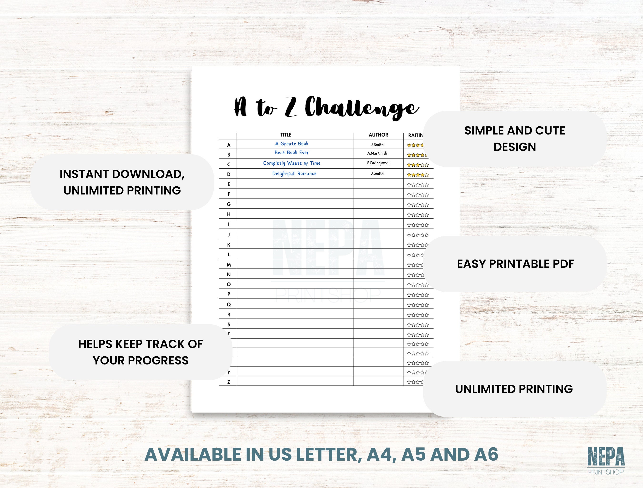 Printable A-Z Reading Challenge, Reading Journal, Reading Tracker Kids ...