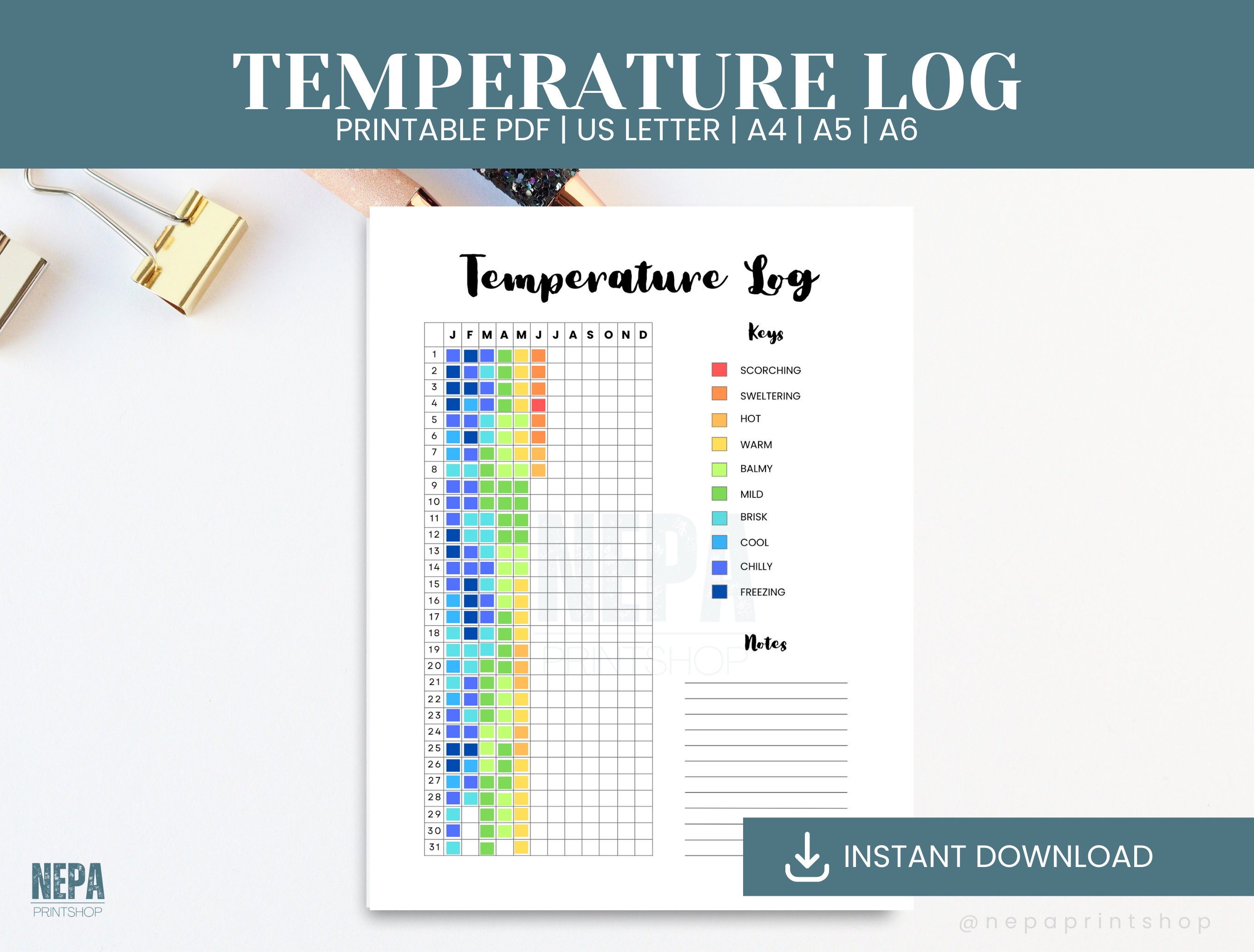 Printable Temperature Log, Temperature Tracker, Journal Page, Daily ...