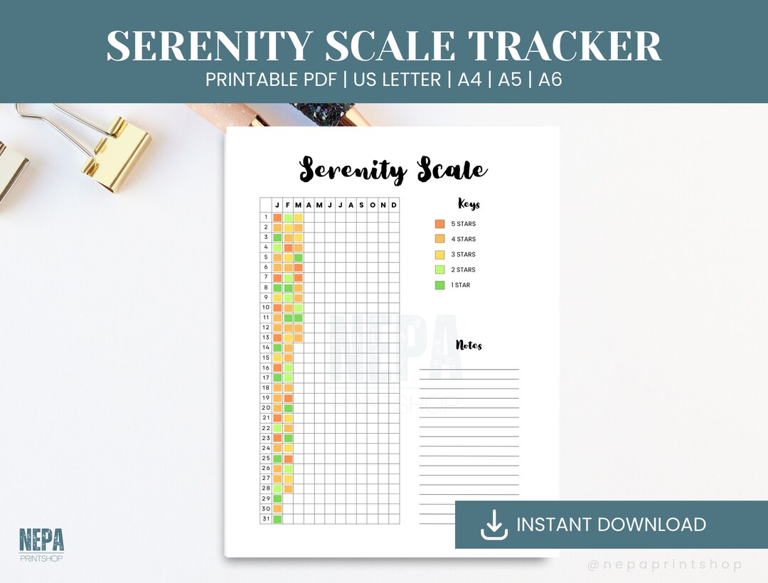 Serenity Scale Tracker, Rate Your Day Log, Journal Page, Daily Habit ...