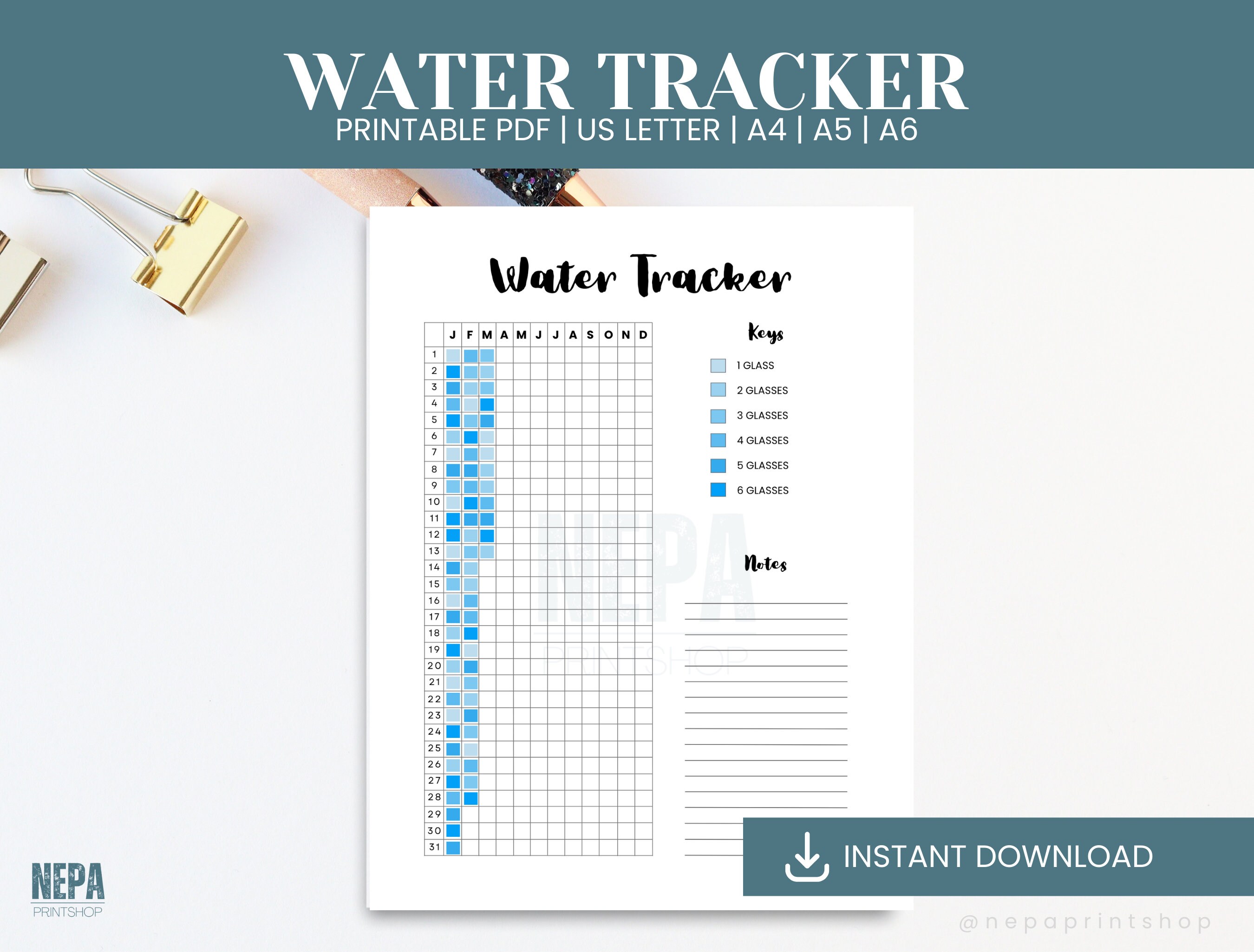 Printable Water Intake Tracker, Water Log, Journal Page, Daily Habit ...
