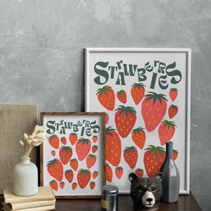 Strawberries Wall Art, Strawberry Poster Kitchen Decor, Funky Fruit ...