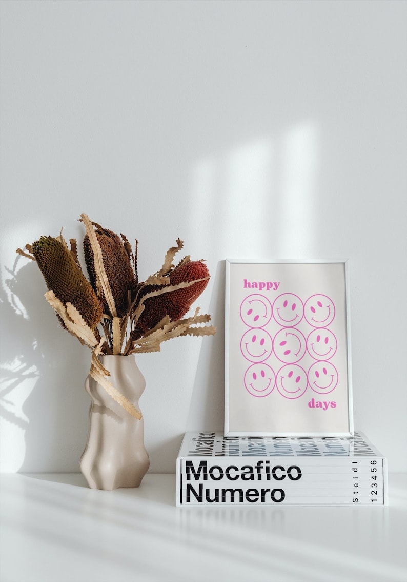 Happy Days Poster, Pink Positive Thinking Wall Art, Groovy Aesthetic ...