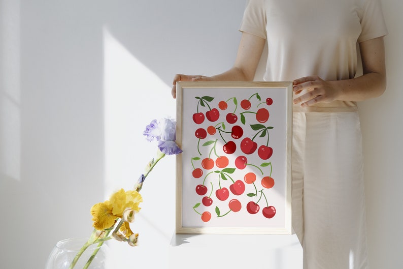 Cherries Wall Art, Cherry Poster Kitchen Decor, Funky Fruit Poster ...