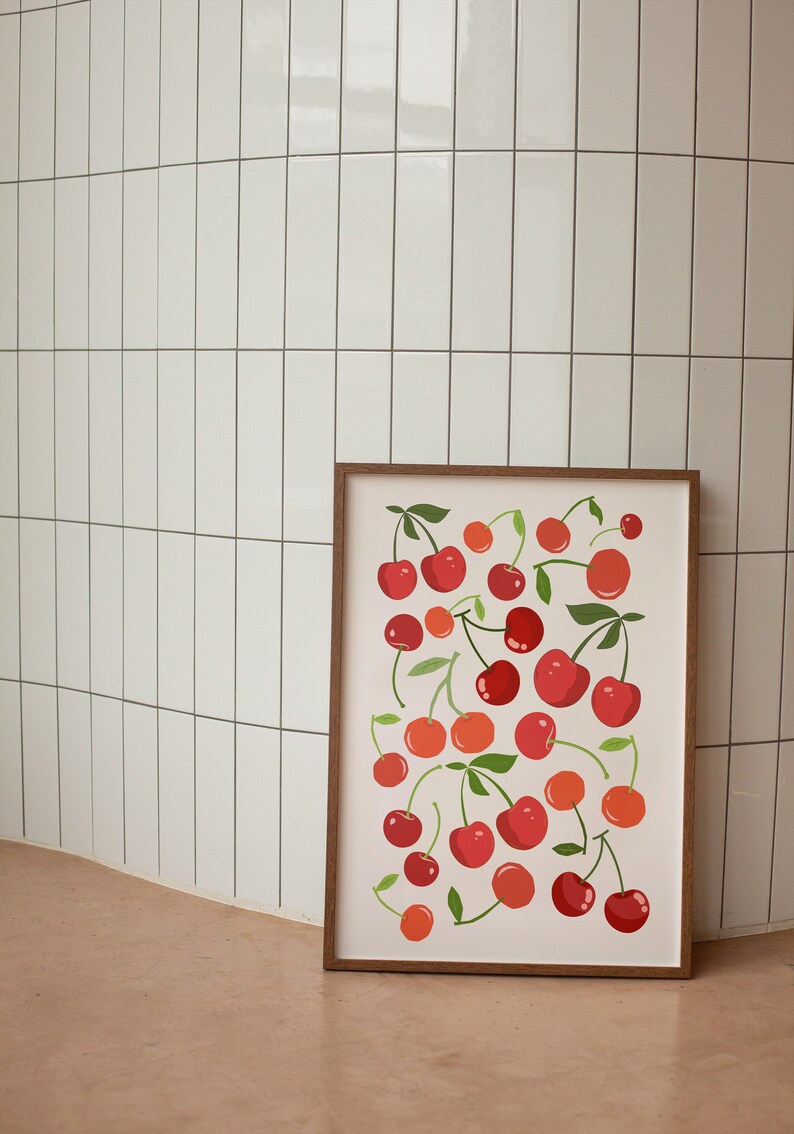 Cherries Wall Art, Cherry Poster Kitchen Decor, Funky Fruit Poster ...