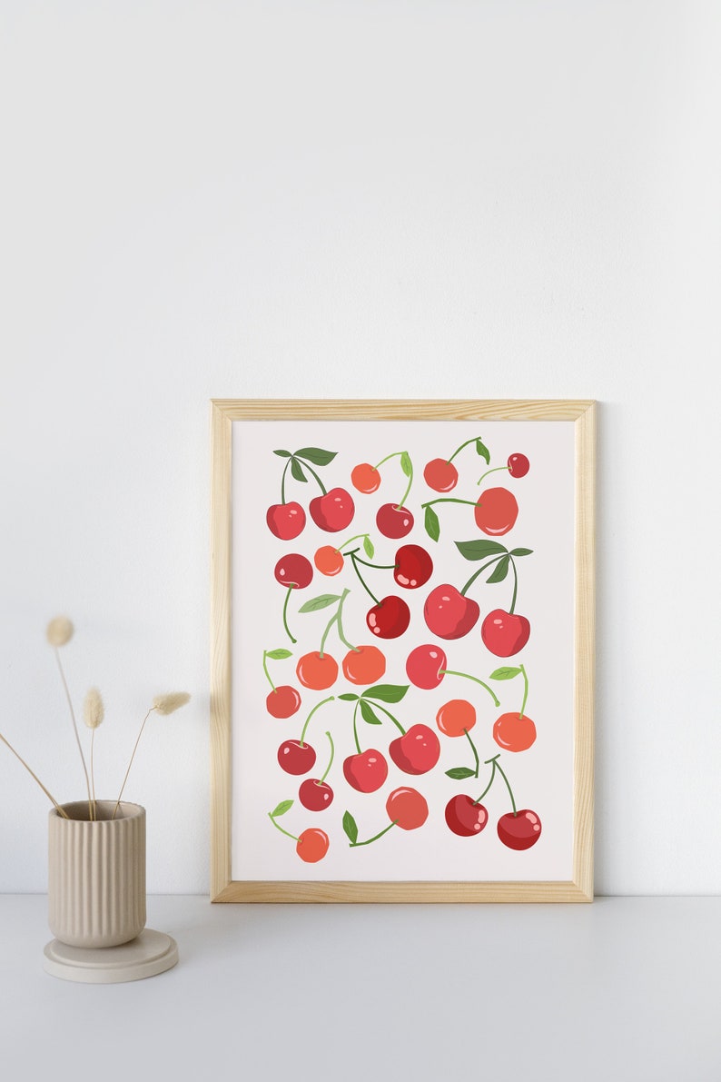 Cherries Wall Art, Cherry Poster Kitchen Decor, Funky Fruit Poster ...