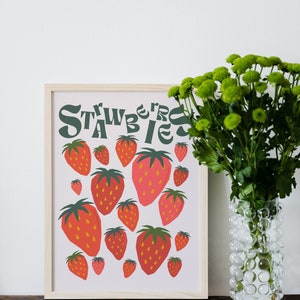Strawberries Wall Art, Strawberry Poster Kitchen Decor, Funky Fruit ...