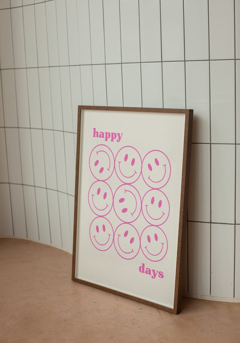 Happy Days Poster, Pink Positive Thinking Wall Art, Groovy Aesthetic ...
