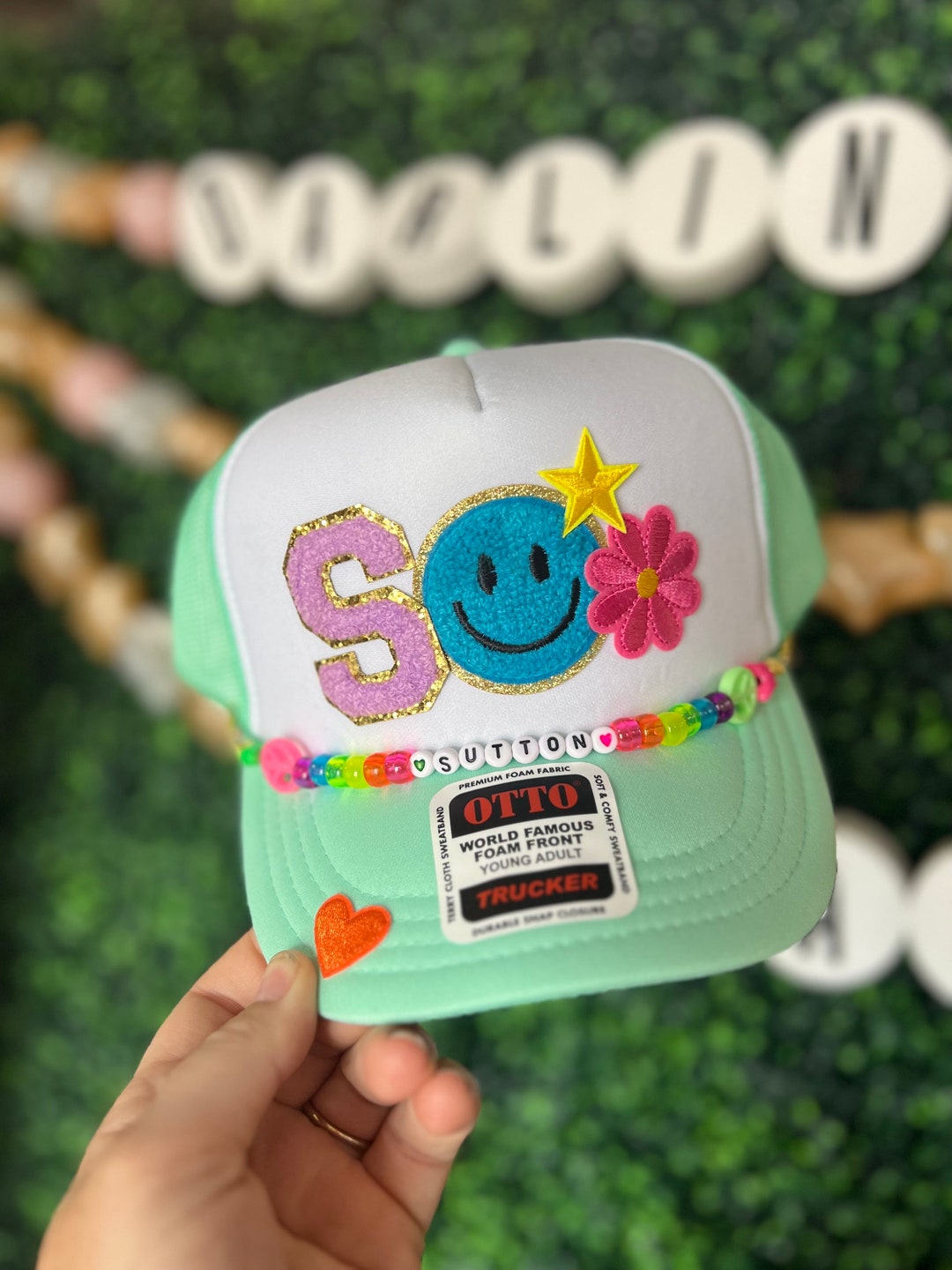 YOUTH Initial & Smiley on Mint Trucker Hat With Custom Chain Snap-back ...
