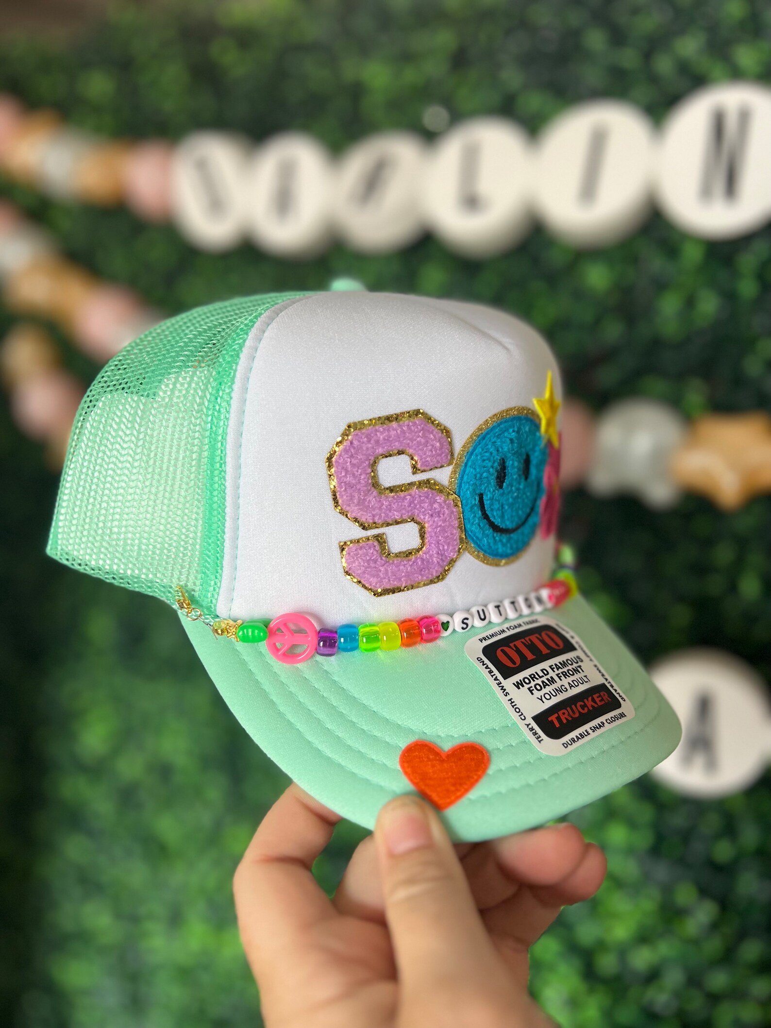 YOUTH Initial & Smiley on Mint Trucker Hat With Custom Chain Snap-back ...
