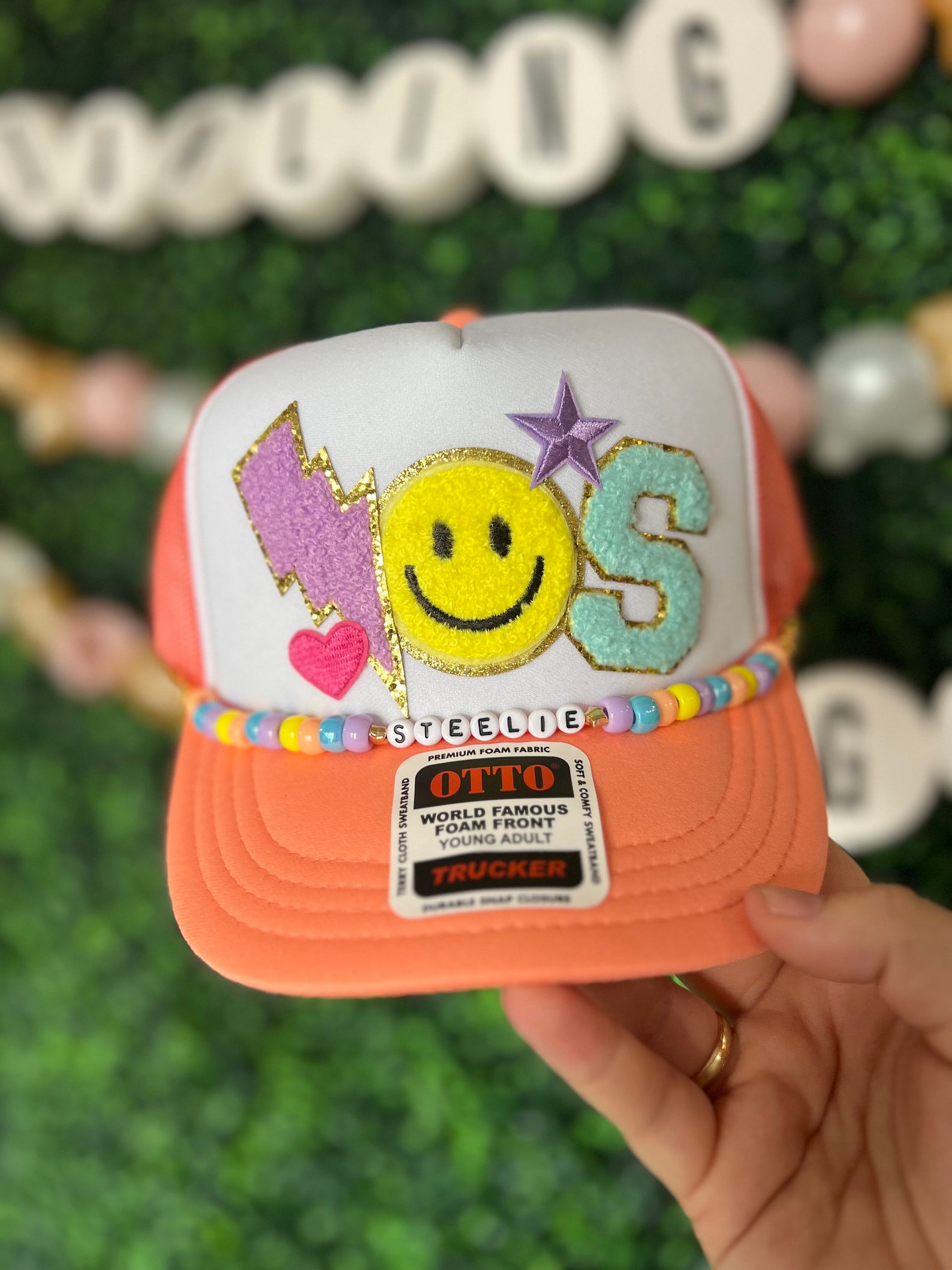 YOUTH Initial & Smiley on Mint Trucker Hat With Custom Chain Snap-back ...