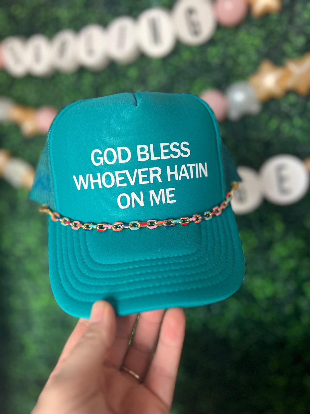 God Bless My Haters Trucker Hat With Custom Chain Smileys and Peace ...