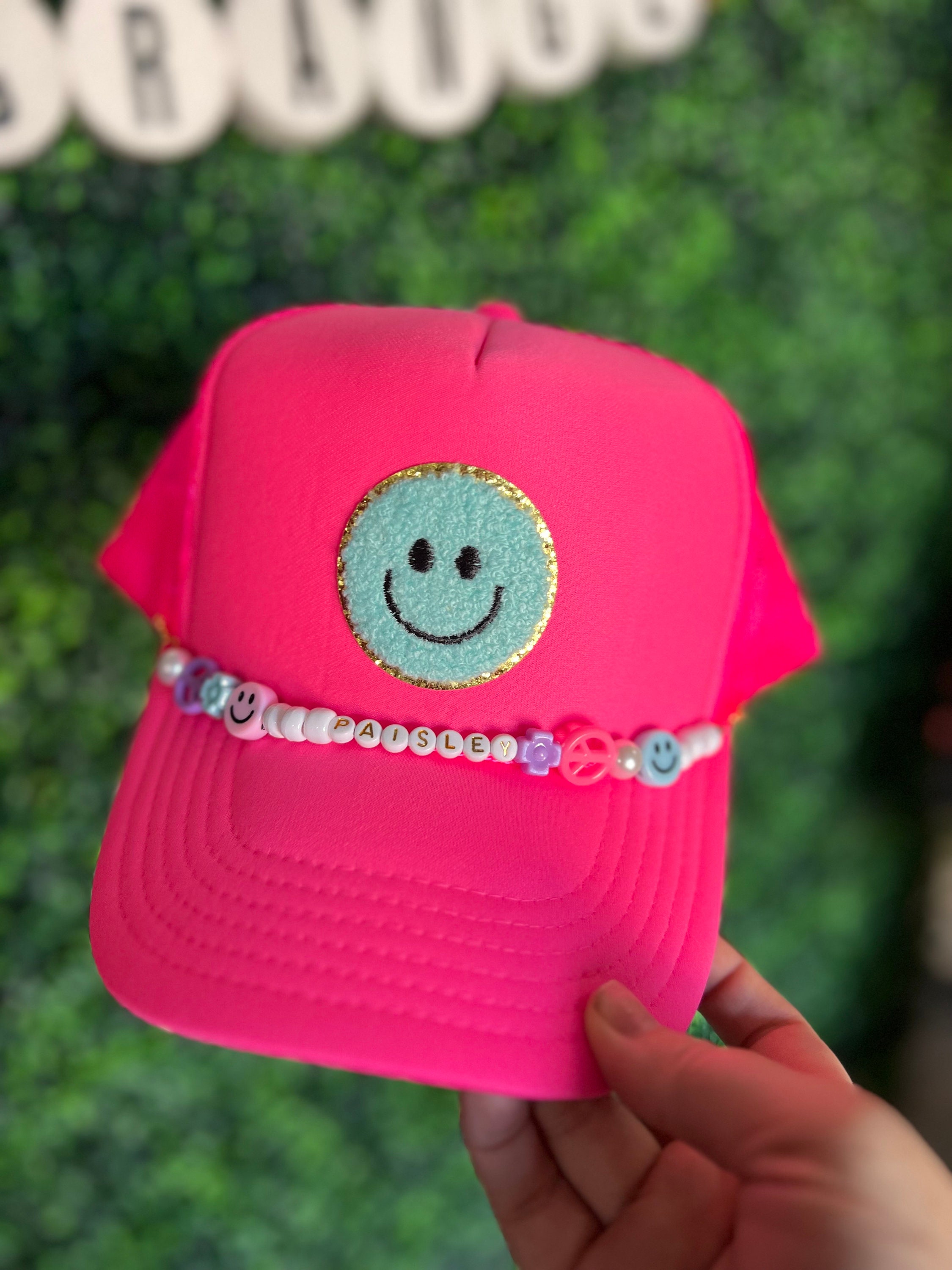 Pink Smiley Trucker Hat With Custom Name Chain Snap-back Otto Ball Cap ...