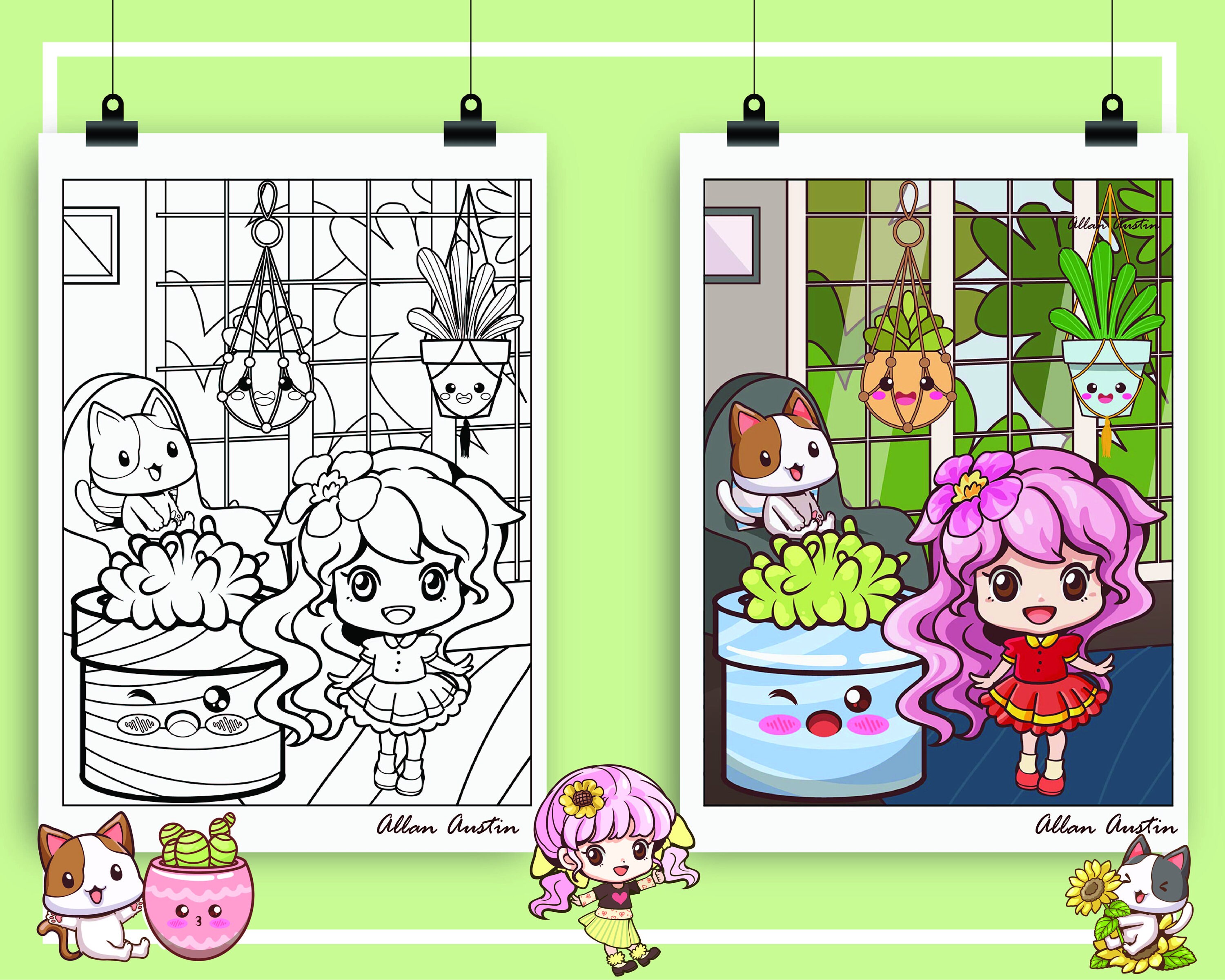 Kawaii Coloring Book: Chibi Girl, Cat and Plants - in Both PDF and PNG ...