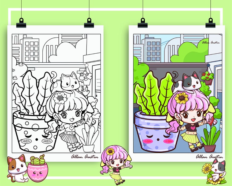 Kawaii Coloring Book Chibi Girl Cat And Plants In Both Pdf Etsy