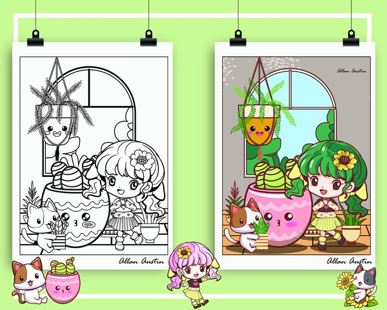 Kawaii Coloring Book Chibi Girl Cat And Plants In Both Pdf Etsy