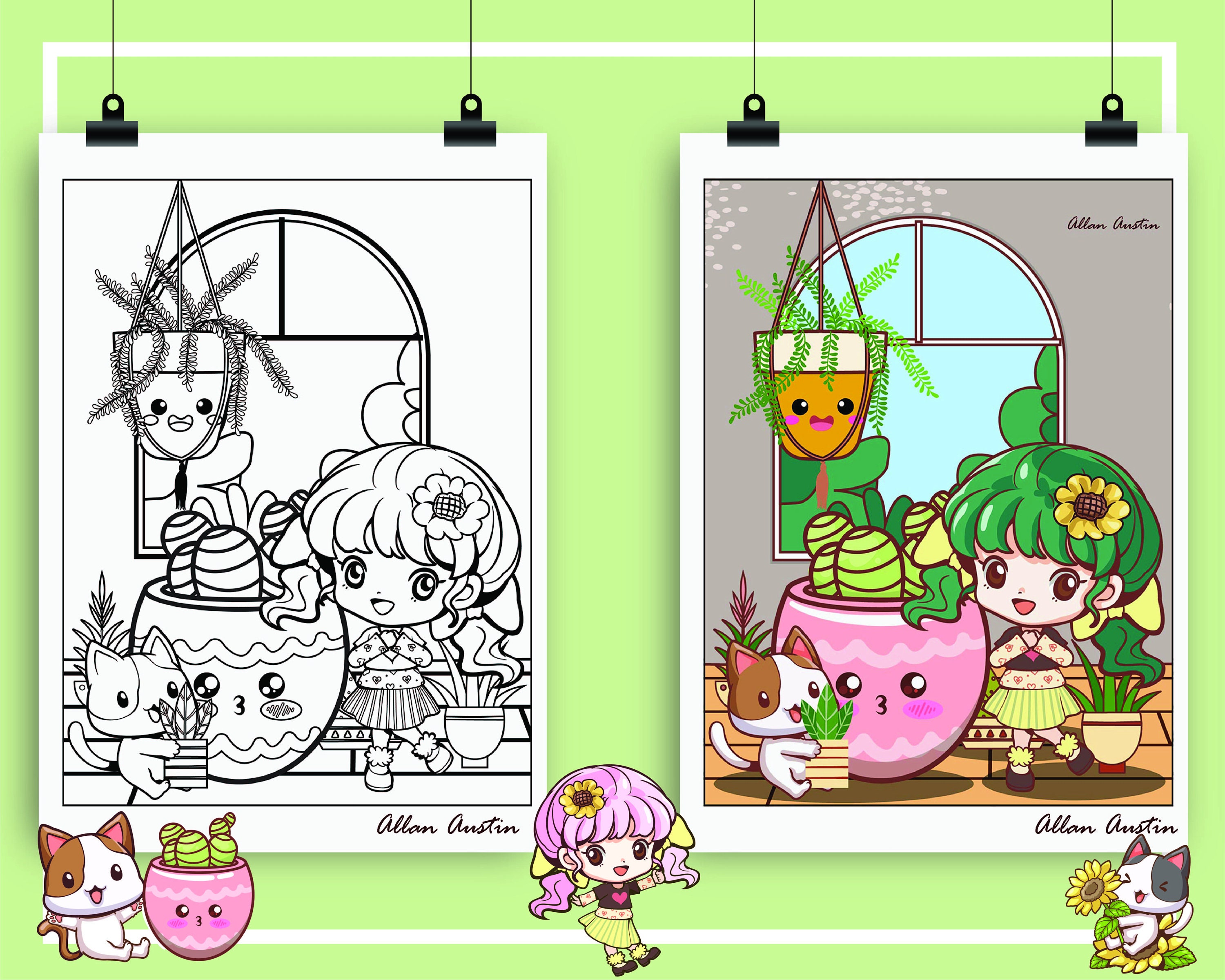 Kawaii Coloring Book Chibi Girl Cat And Plants In Both Pdf Etsy