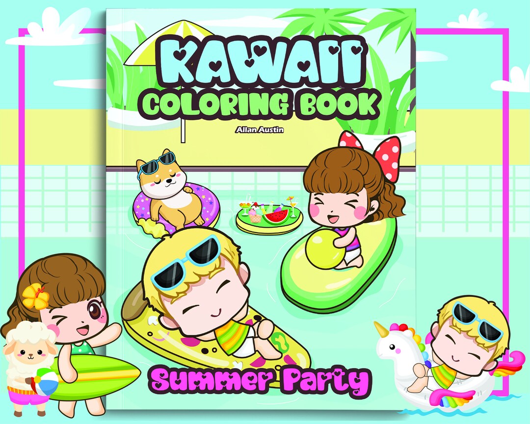 Kawaii Coloring Book: Summer Party With Chibi Kids and Kawaii Animals ...