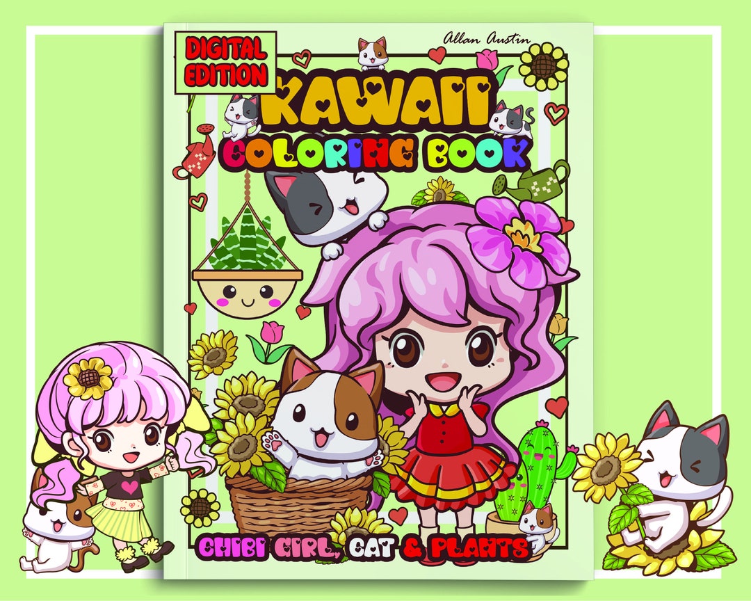 Kawaii Coloring Book Chibi Girl Cat And Plants In Both Pdf Etsy