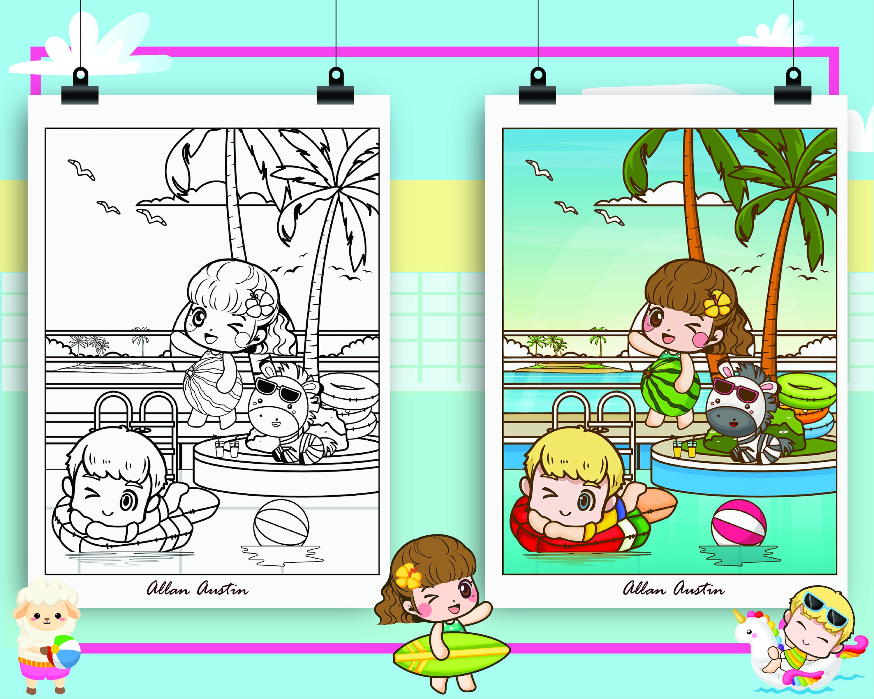 Kawaii Coloring Book: Summer Party With Chibi Kids and Kawaii Animals ...