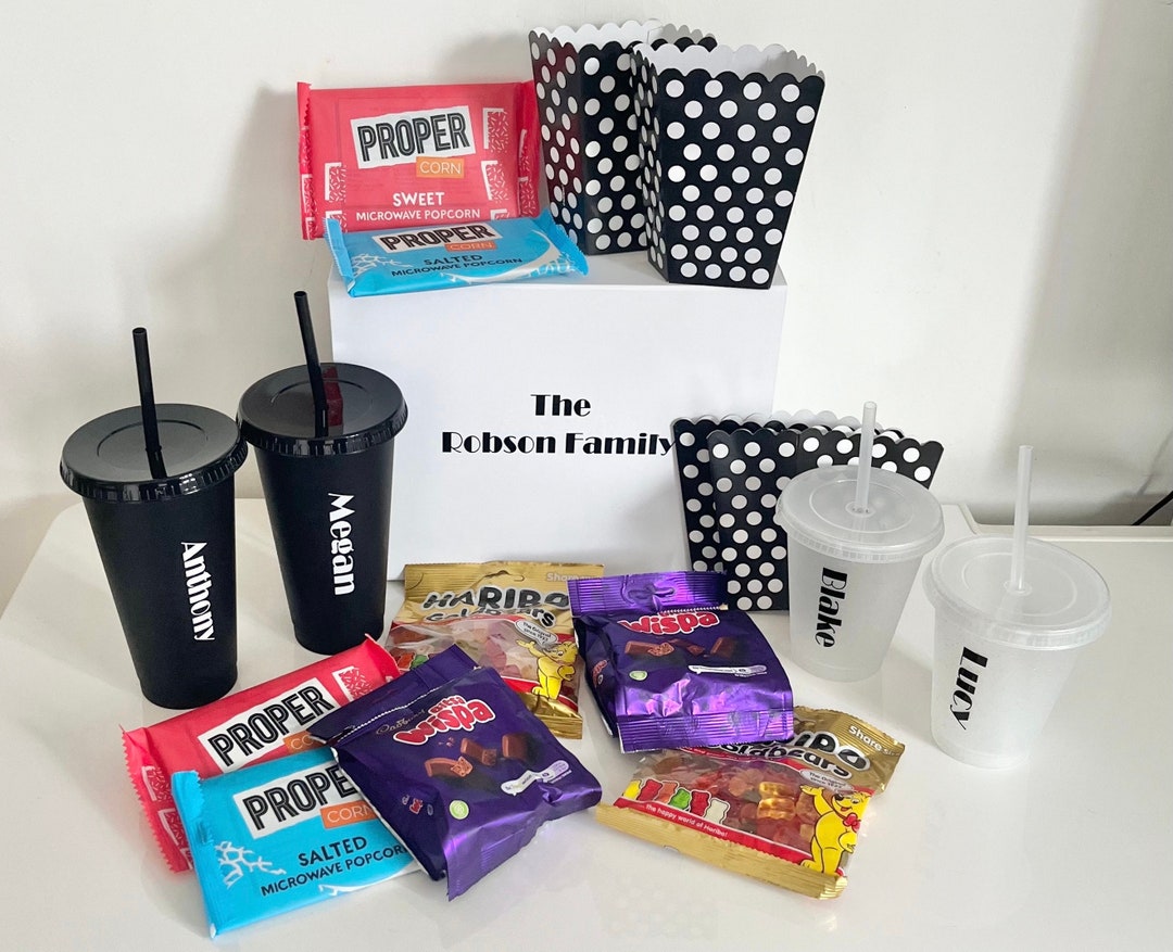 FAMILY MOVIE NIGHT Gift Hamper. Personalised Cups in Black or White ...