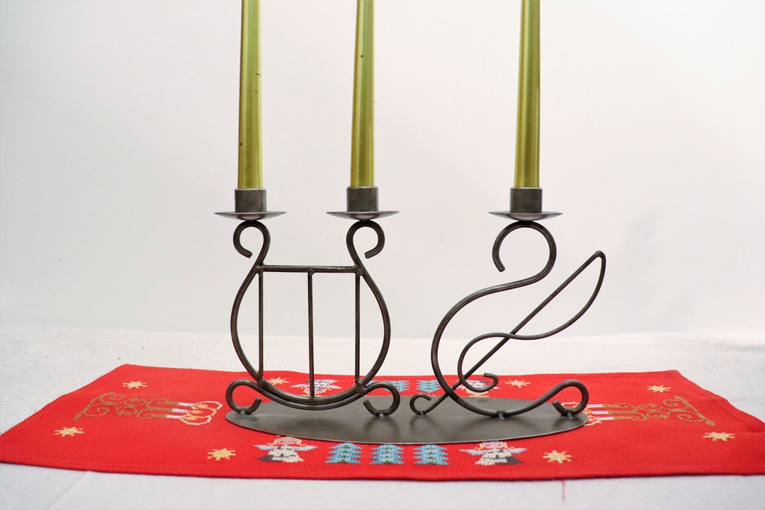 Big Vintage Iron Candlestick Holder, Candelabra in Shape of Harp Treble ...