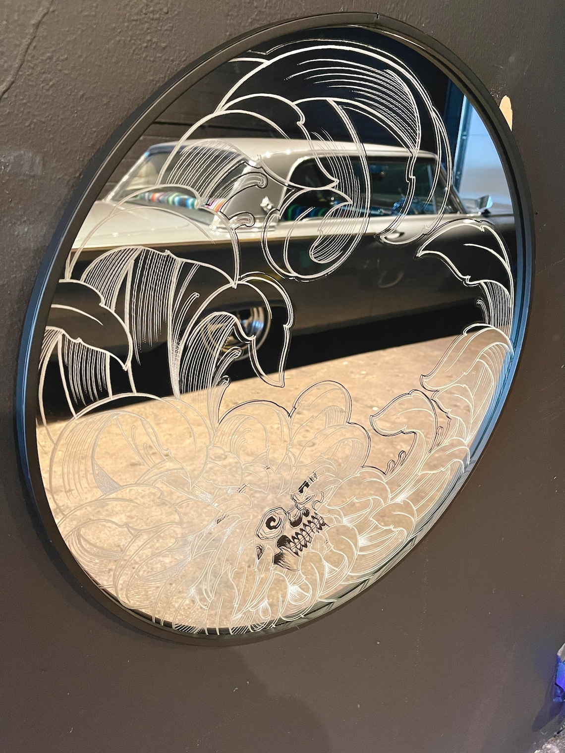 Hand Engraved Mirror, Spider Mum Wall Art, Handmade Etched Glass ...