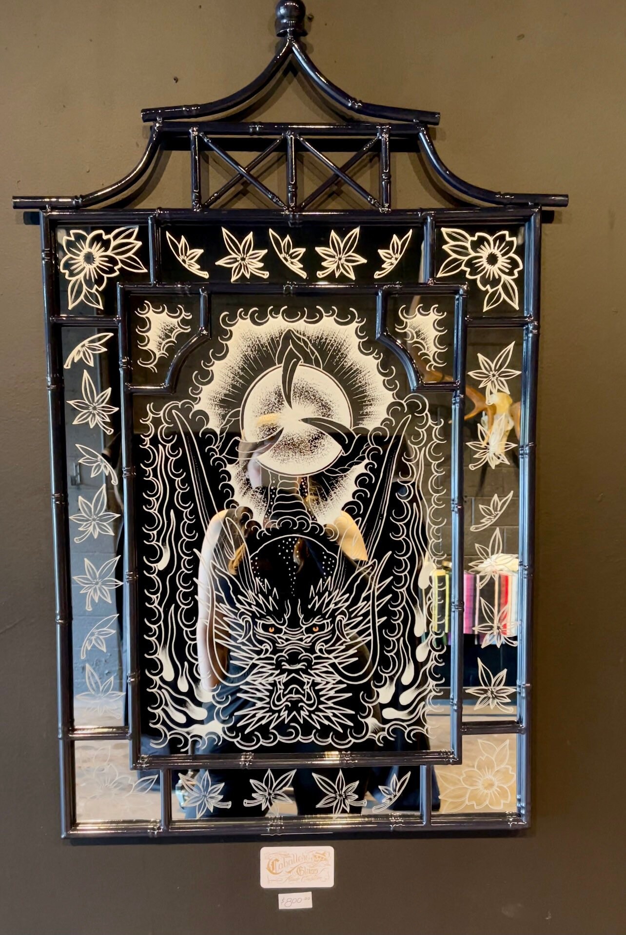 Hand Engraved Mirror, Japanese Dragon, Large Wall Art, Handmade Etched ...