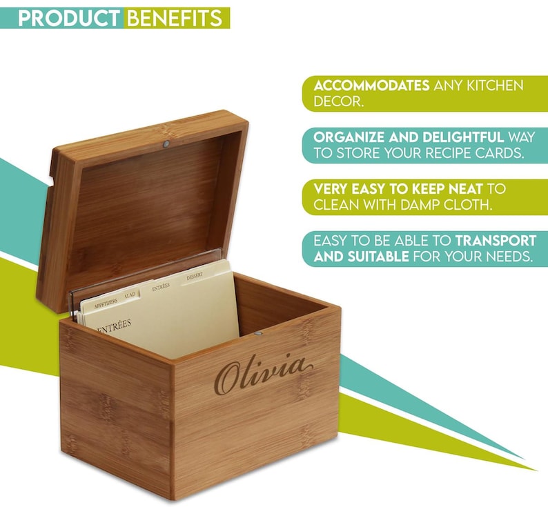 Personalized BAMBOO RECIPE BOX Card Holder Housewarming Home Cooking ...