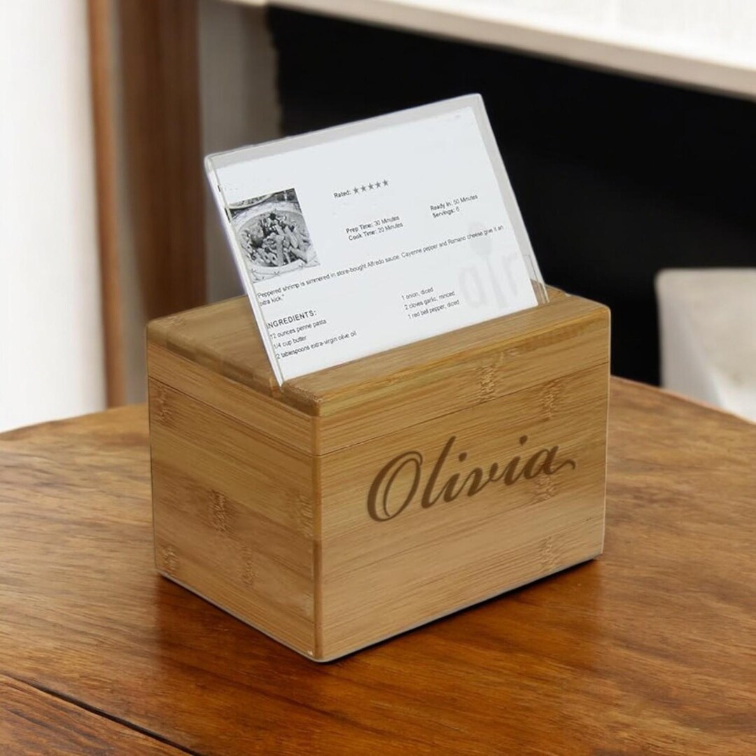 Personalized BAMBOO RECIPE BOX Card Holder Housewarming Home Cooking ...