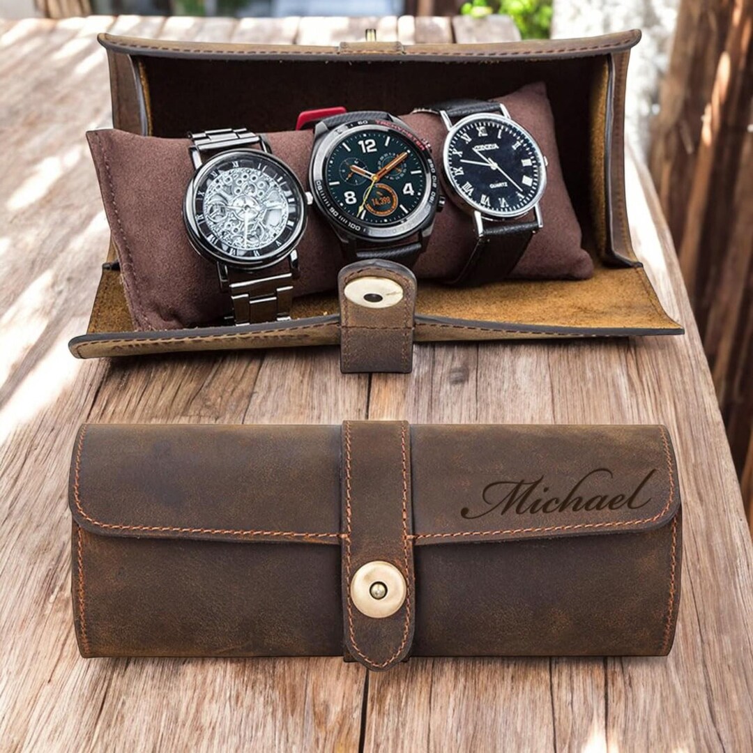 Personalized LEATHER 3 WATCH ROLL for Men Box Case Organizer Husband ...