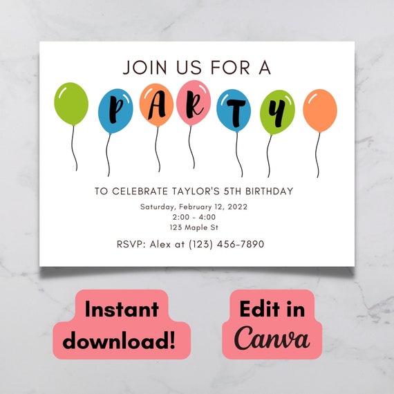 Balloon Theme Invitation Instant Download Printable Canva - Etsy Hong Kong