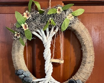 Tree of Life Wreath With Green Snail & Yellow Birdbath, Jute Rope Moss ...