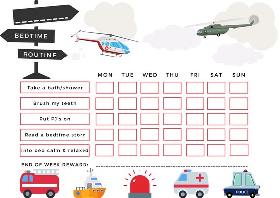 Children's Bedtime Routine Reward Chart Service Vehicles | Etsy