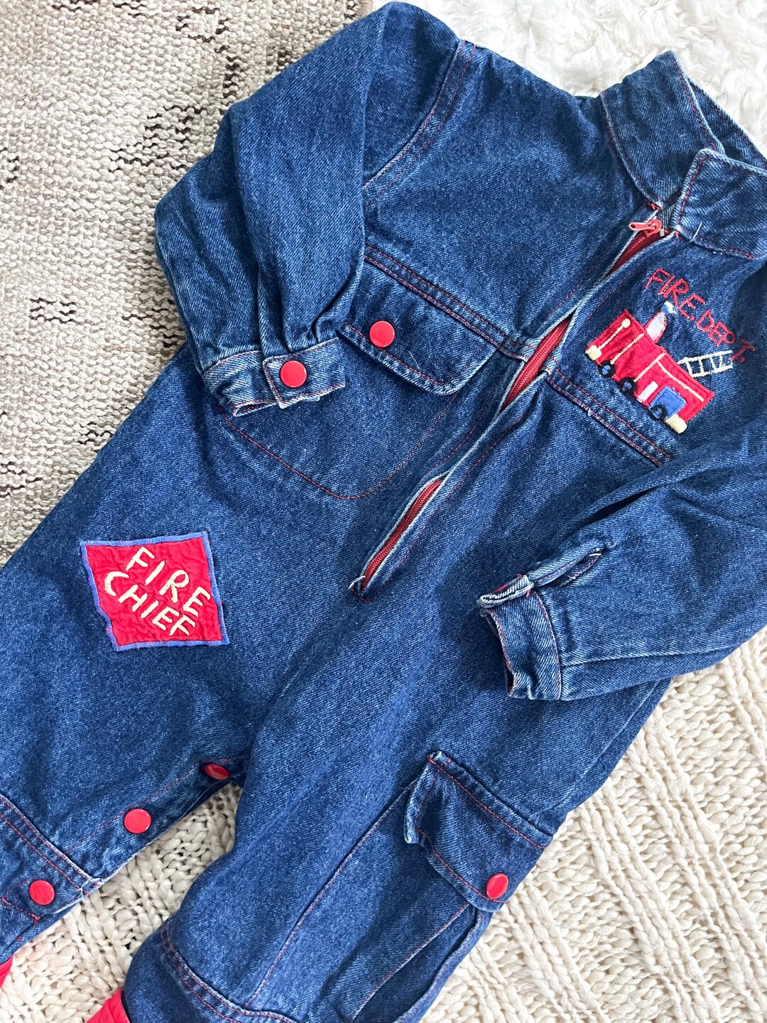 Vintage 1990s Baby Gender Neutral Denim Firefighter Union Suit Jumpsuit ...