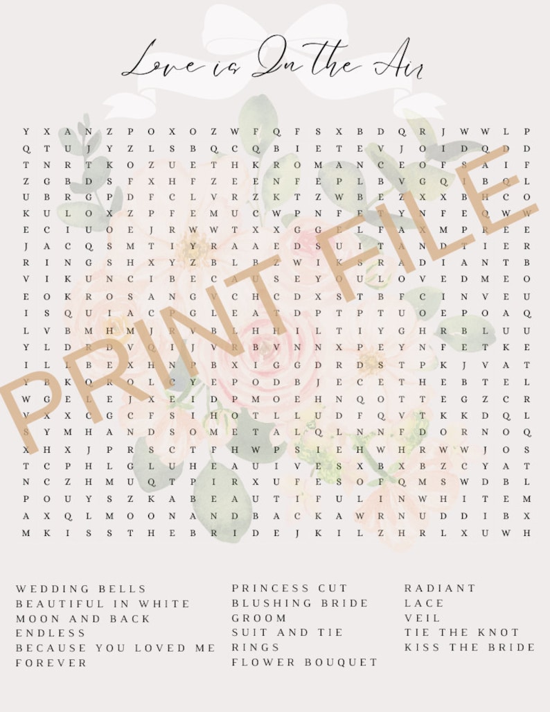 Custom Wedding / Bridal Shower Word Search, Customize Yours Today ...