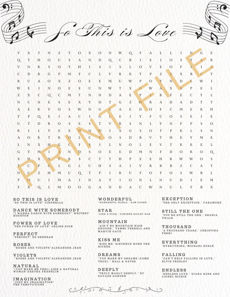 Wedding Word Search, Love Song Theme - Etsy