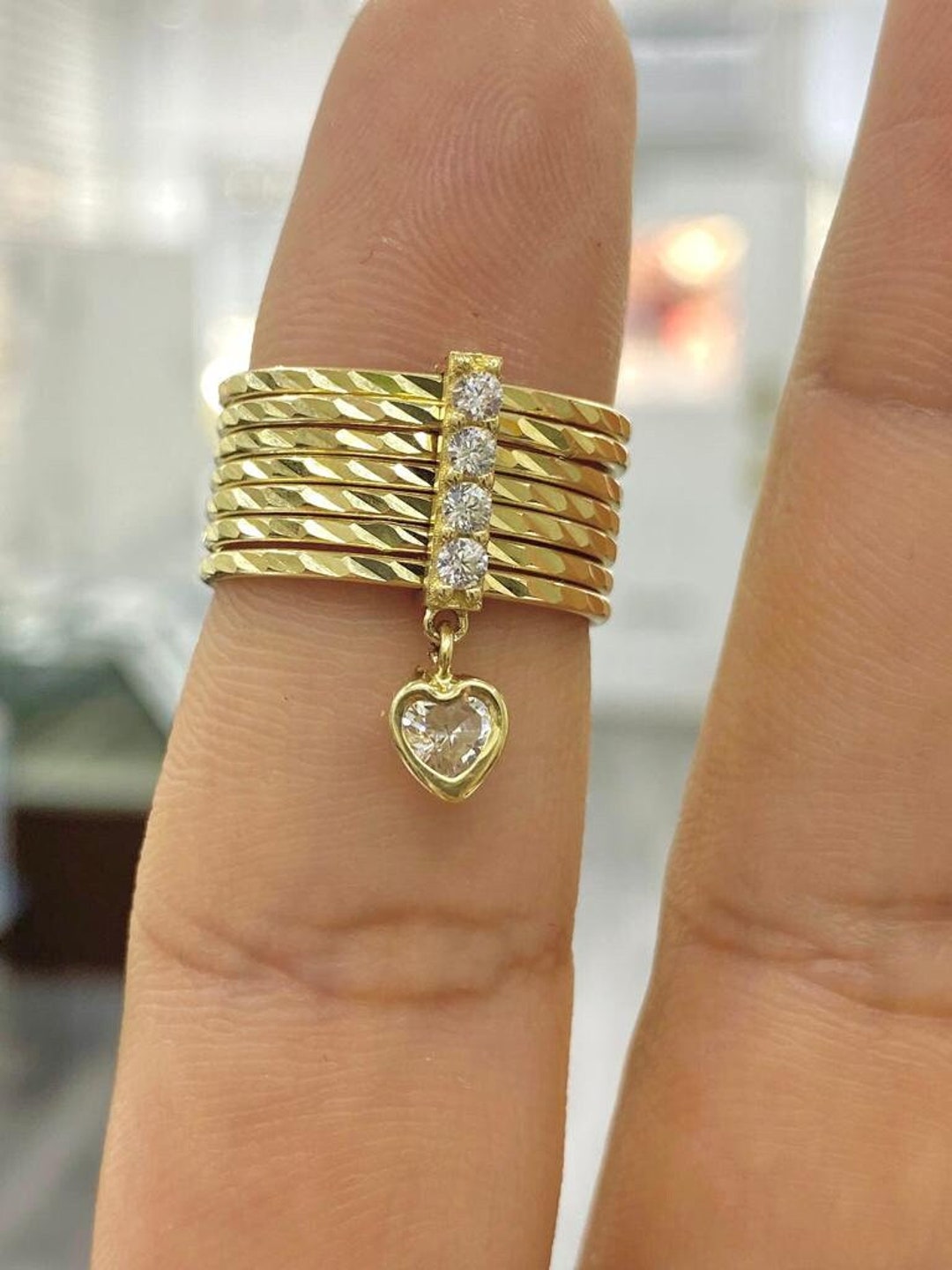 14K Yellow Gold Semanario Ring for Womens 7/heart Weekly Ring Cz/anillo ...