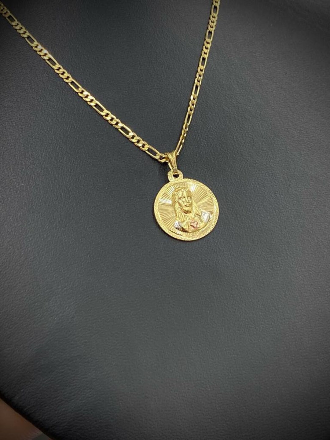 Diamond Cut Jesus Christ Necklace With Figaro Chain/14k Gold Filled ...