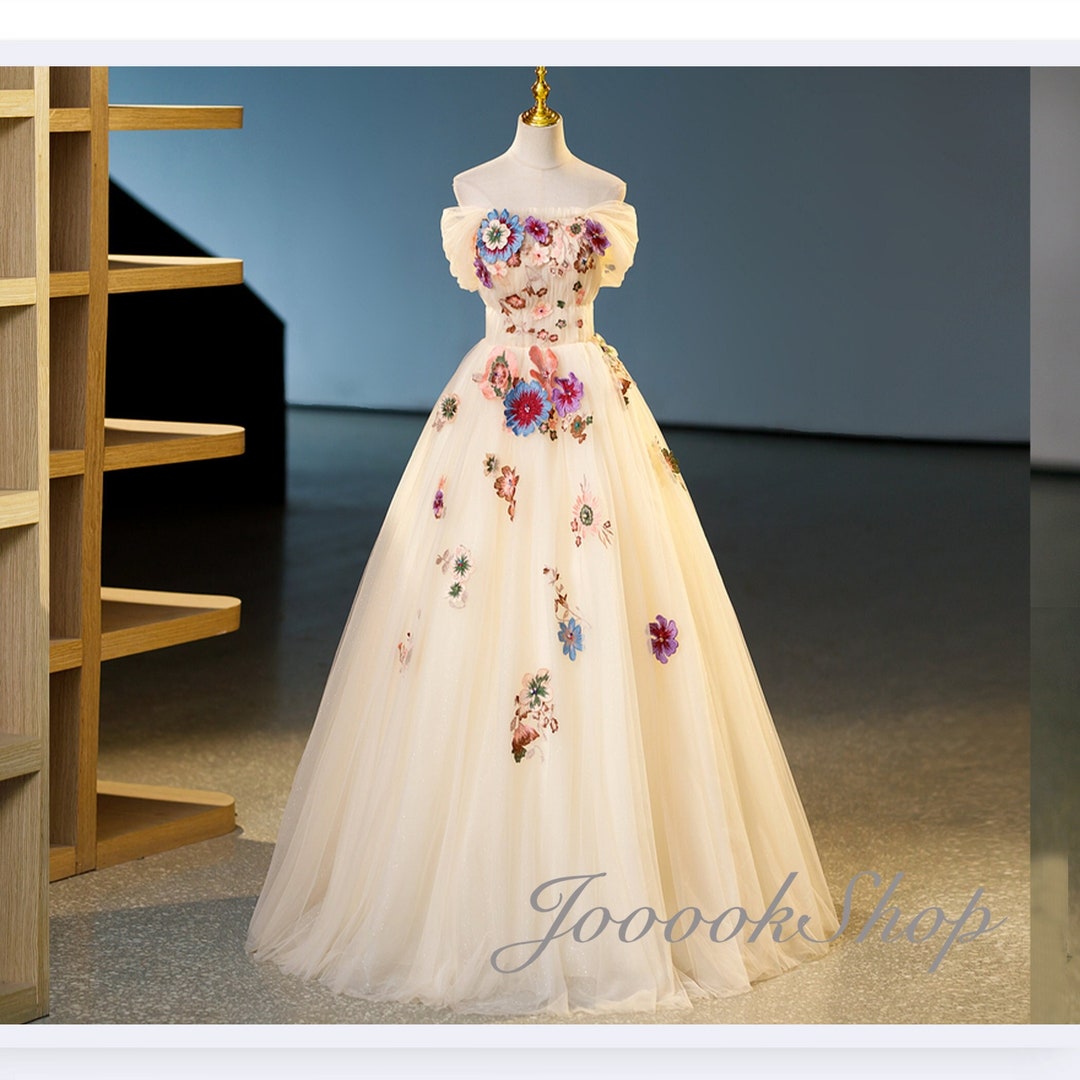 2024 New Champagne Tulle Prom Dress for Woman3d Flower - Etsy Australia