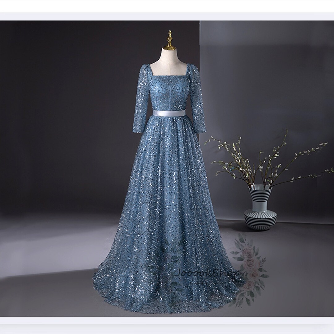 Fairy Haze Blue Prom Gown, Shiny Cinderella Dress,luxury Beading Gray ...