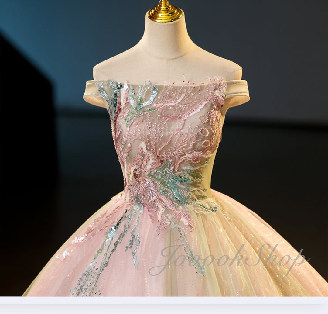 Luxury Pink Ball Gown, Embroidered Flowery Beaded Applique Bridal Gown ...