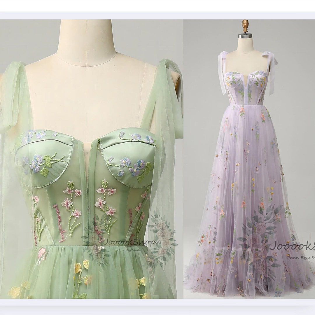Fairy Spaghetti Straps Spring Prom Gown,embroidered Flower Gown ...
