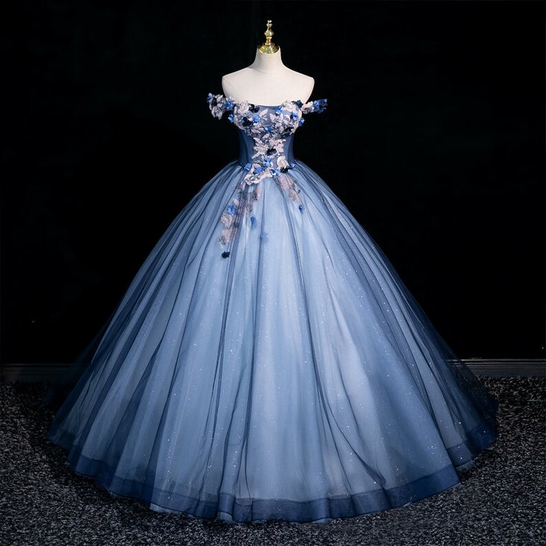 Haze Blue Floral Wedding Dress for Women, Fairy Blue Ball Gown ...