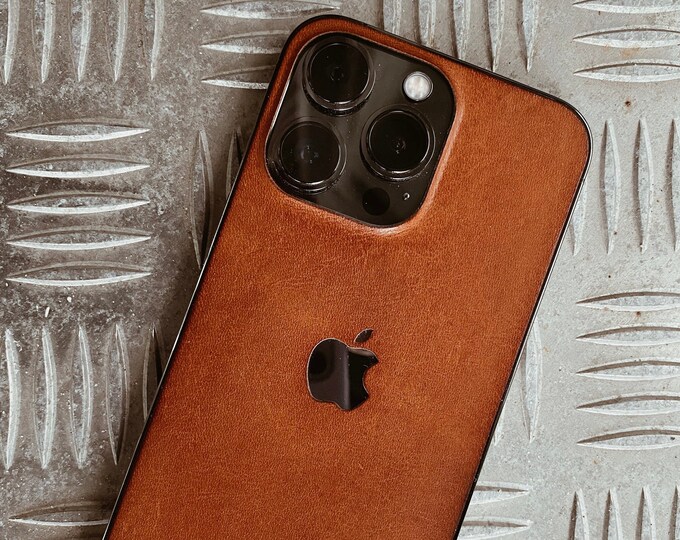 Tan Leather iPhone SKIN Wrap / Genuine Leather iPhone Skin 15 / 14 / 13 ...