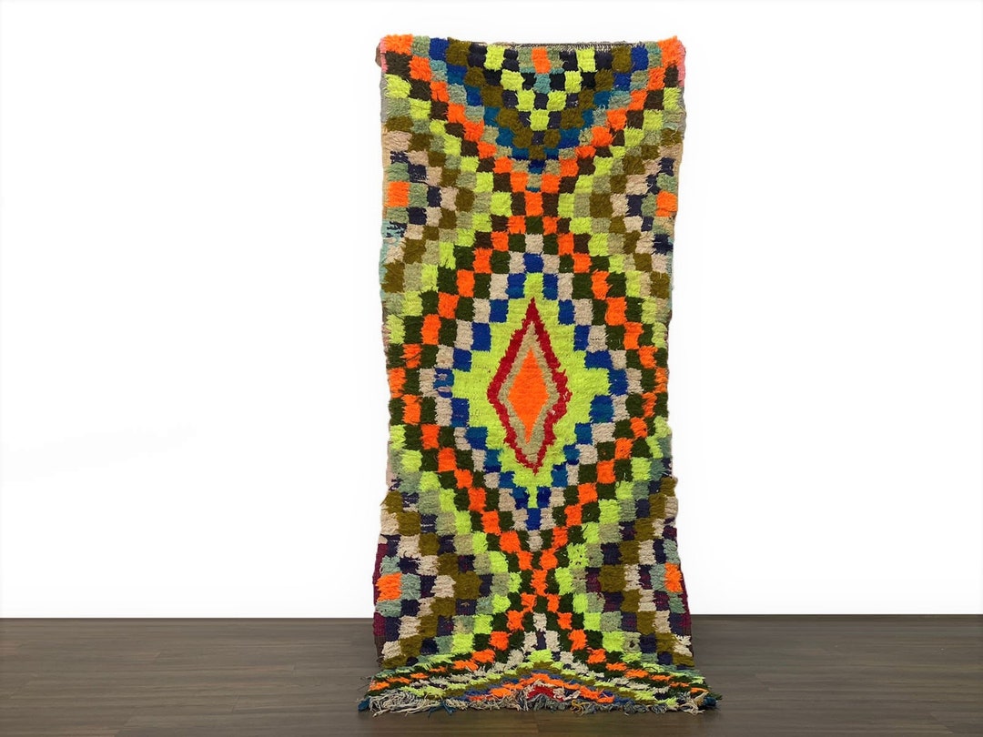 Checkered Bohemian Vintage Premium Cushion Rug, 3x7 Ft Boujaad Genuine ...