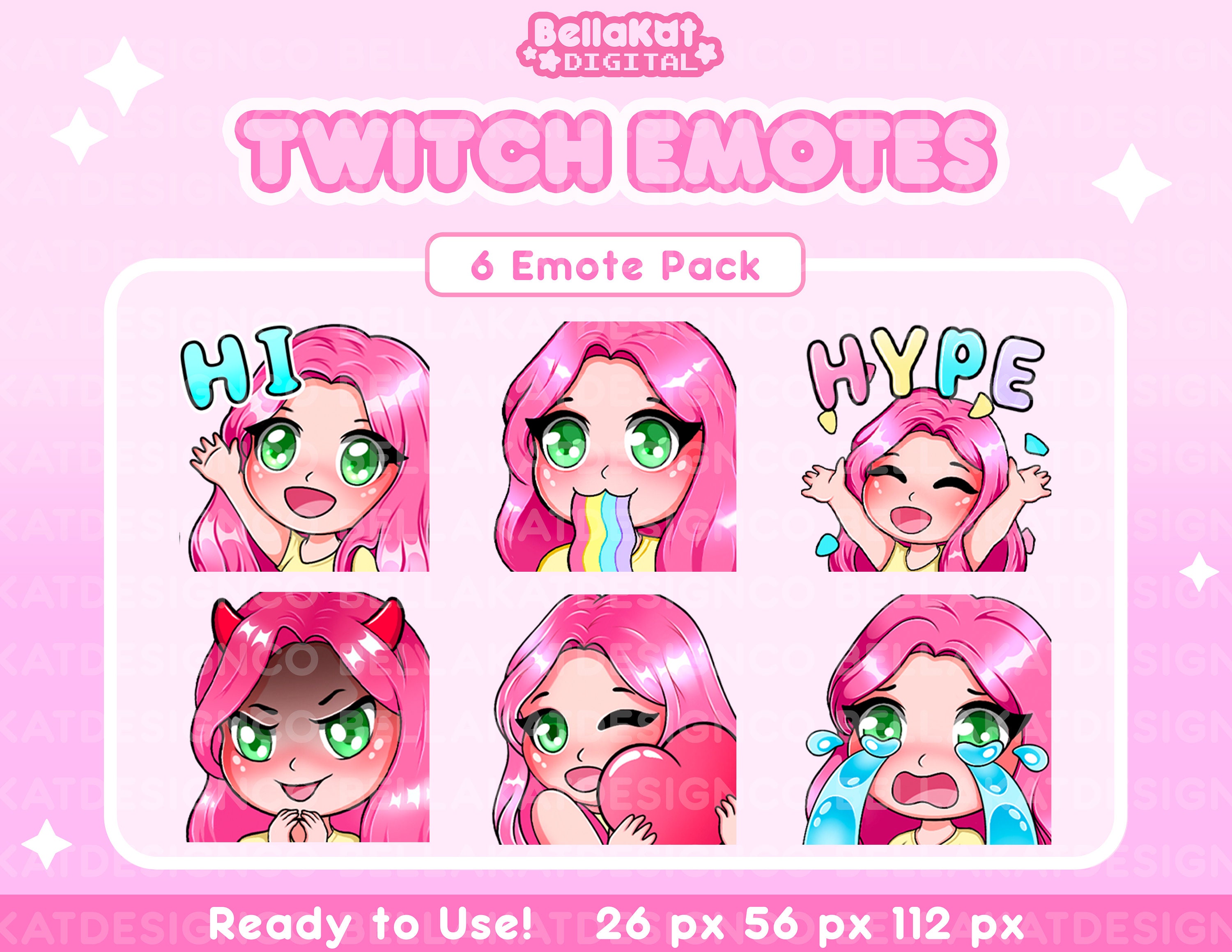 Pink Hair Twitch Emotes Cute Girl 6 Pack | Cute Streamer Emotes, Kawaii ...