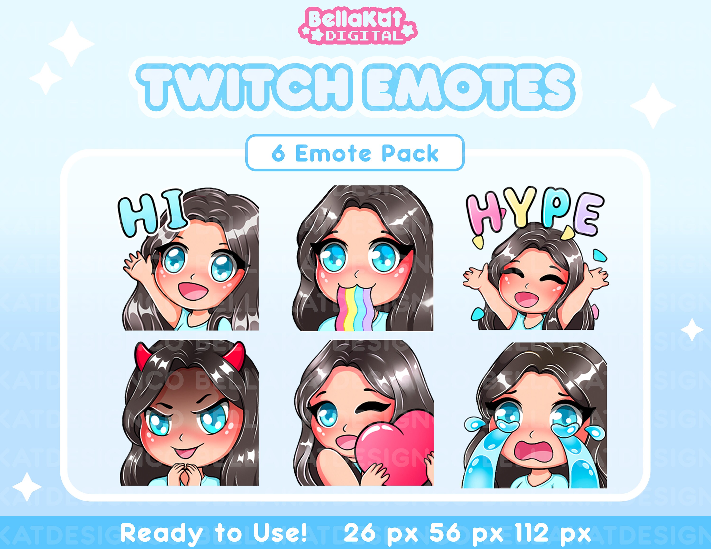 Twitch Emotes Black Hair 6 Pack Cute Streamer Emotes, Kawaii Stream ...
