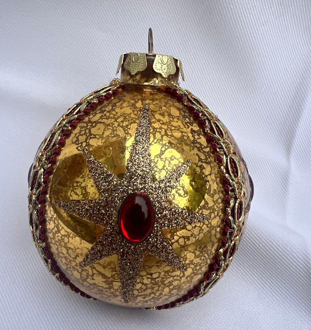 Pier 1 Classic Ball Ornament Metallic Gold With Red Bead & Ribbon ...