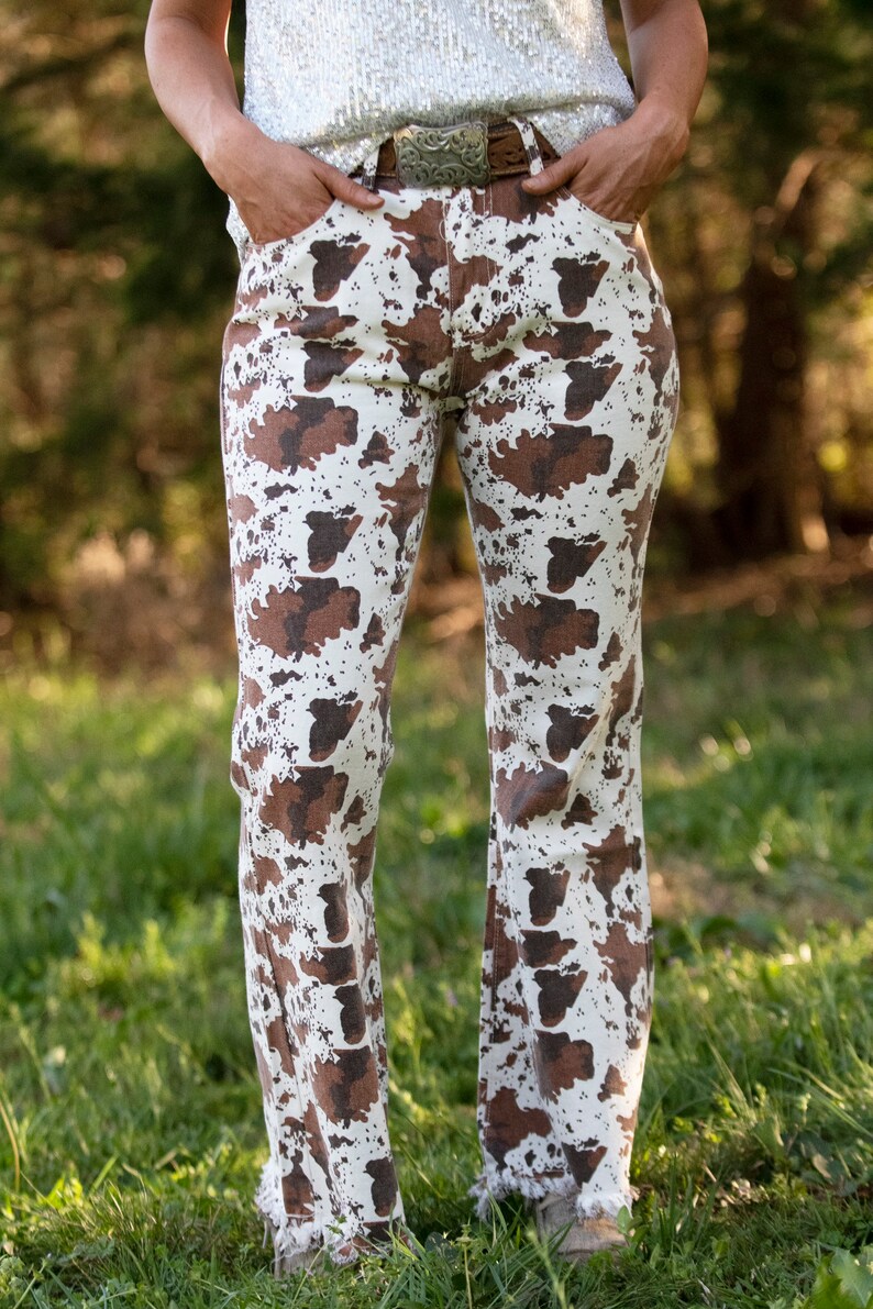 Cow Print Denim Jeans // Cow Bell Bottom Flare Leg Jeans // Cowgirl ...